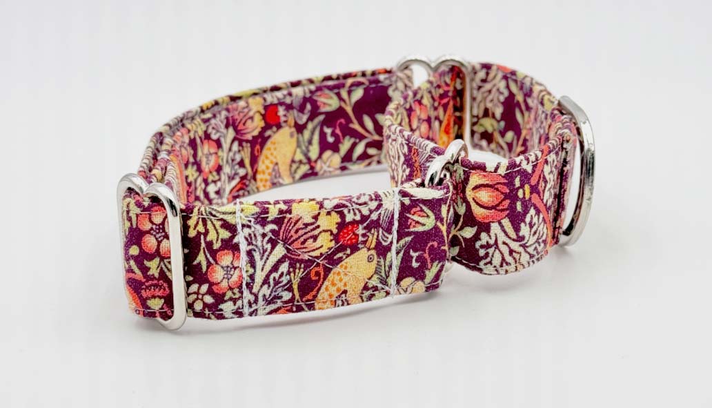 Damson Strawberry Thief Fabric Martingale 25mm Dog Collar – Bells ...