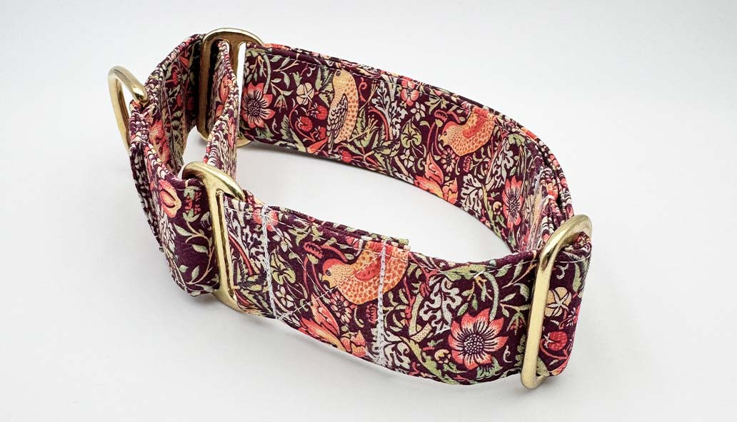 Damson Strawberry Thief Fabric Martingale 38mm Dog Collar – Bells ...
